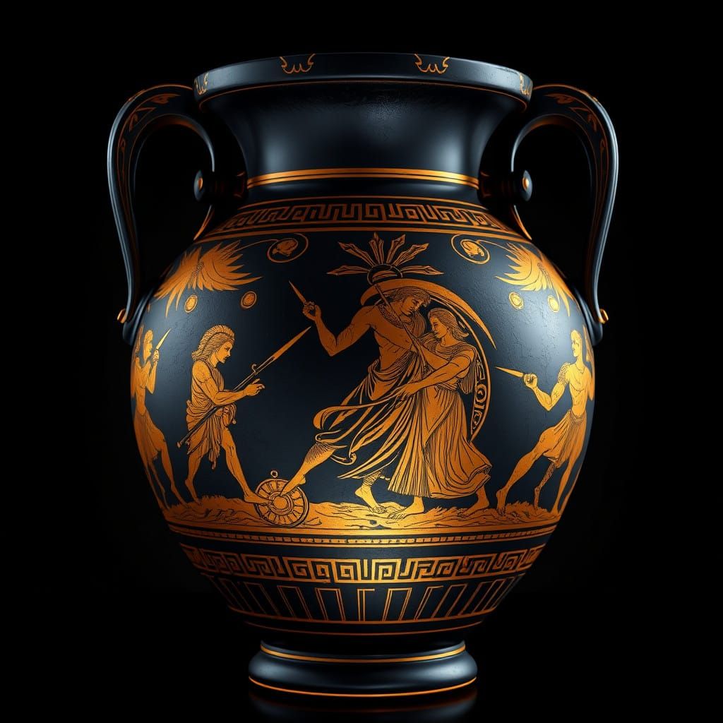 Elegant Greek Amphora in Black and Gold with Mytho... - AI Art