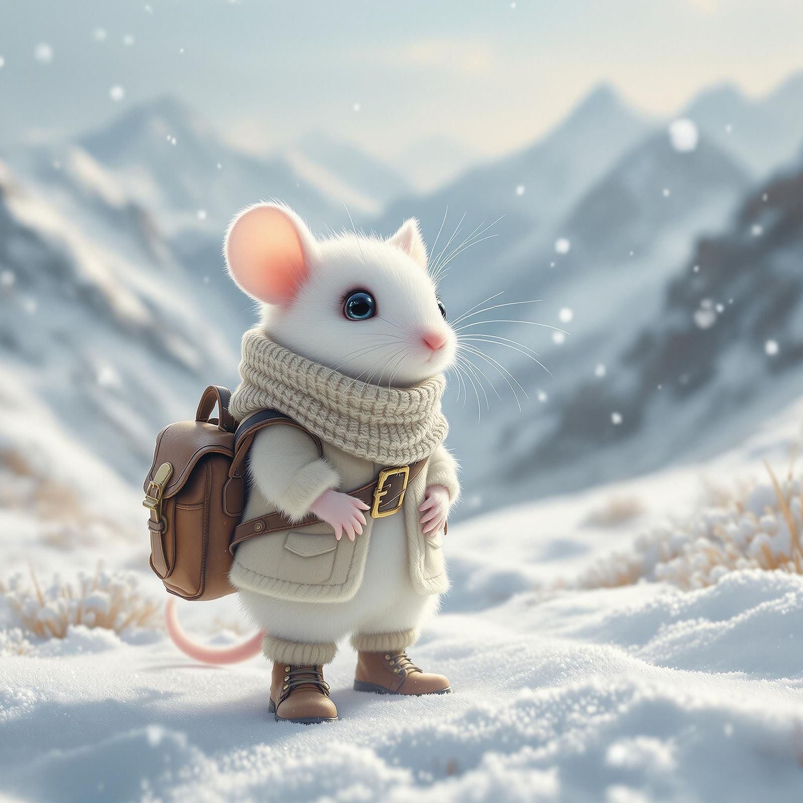 Whimsical Adventurer Mouse in Snowy Expanse - AI Art