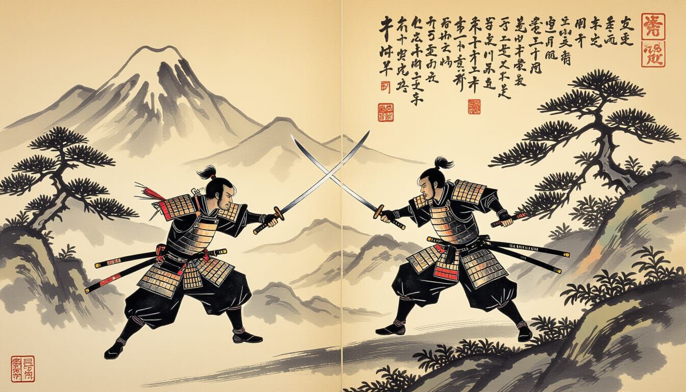 Samurai Duel in Ink Landscape - Samurai Duel in Ink Landscap...