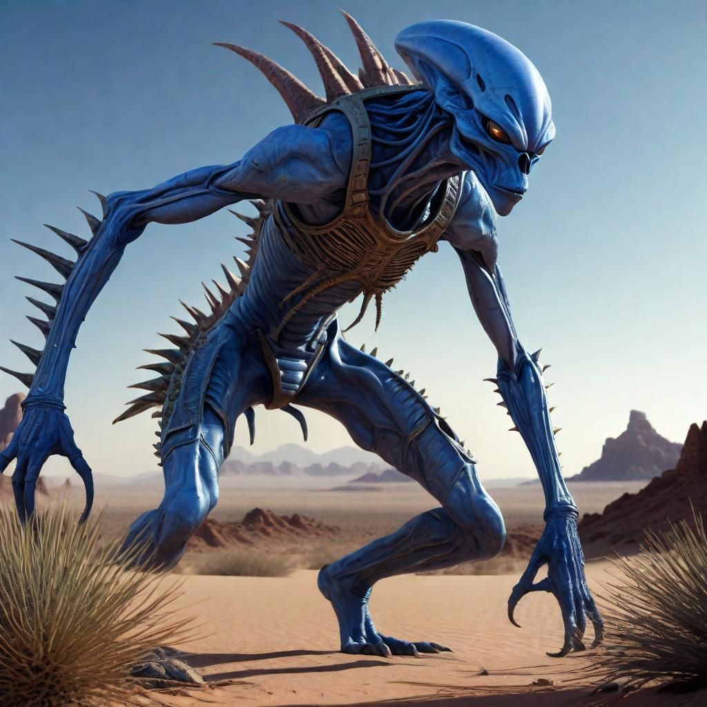 A blue skin alien soldier, with spindly arms and four legs, a reptilian ...