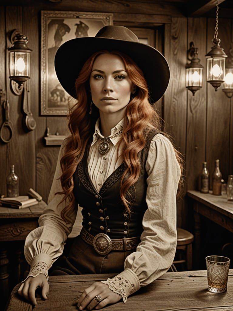 western gunfighter, cowgirl, beautiful, red hair, saloon background ...