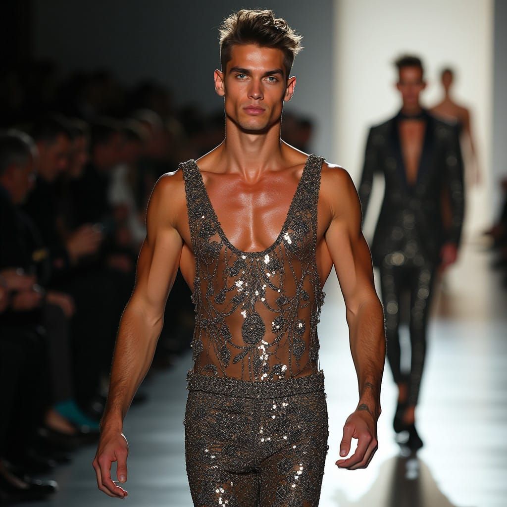 Androgynous handsome male man model with chiseled features and razor-sharp cheekbones, exuding ...