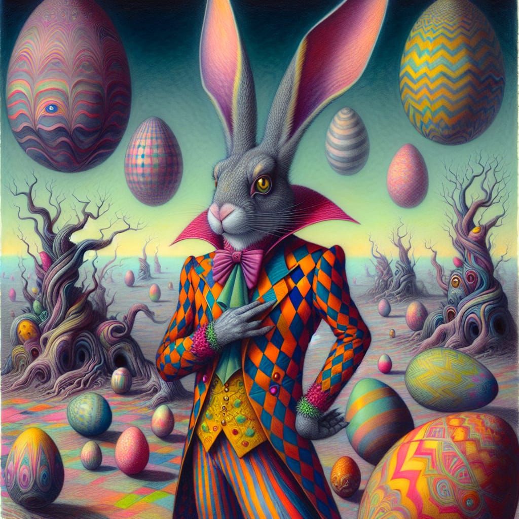 A photogram of an anthropomorphic Easter Bunny wearing a flamboyant ...