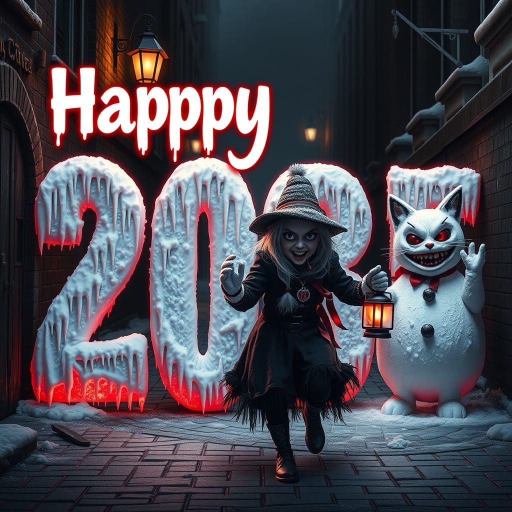 Gothic Night Scene with Evil Snowmen and a Demon C... - AI Art