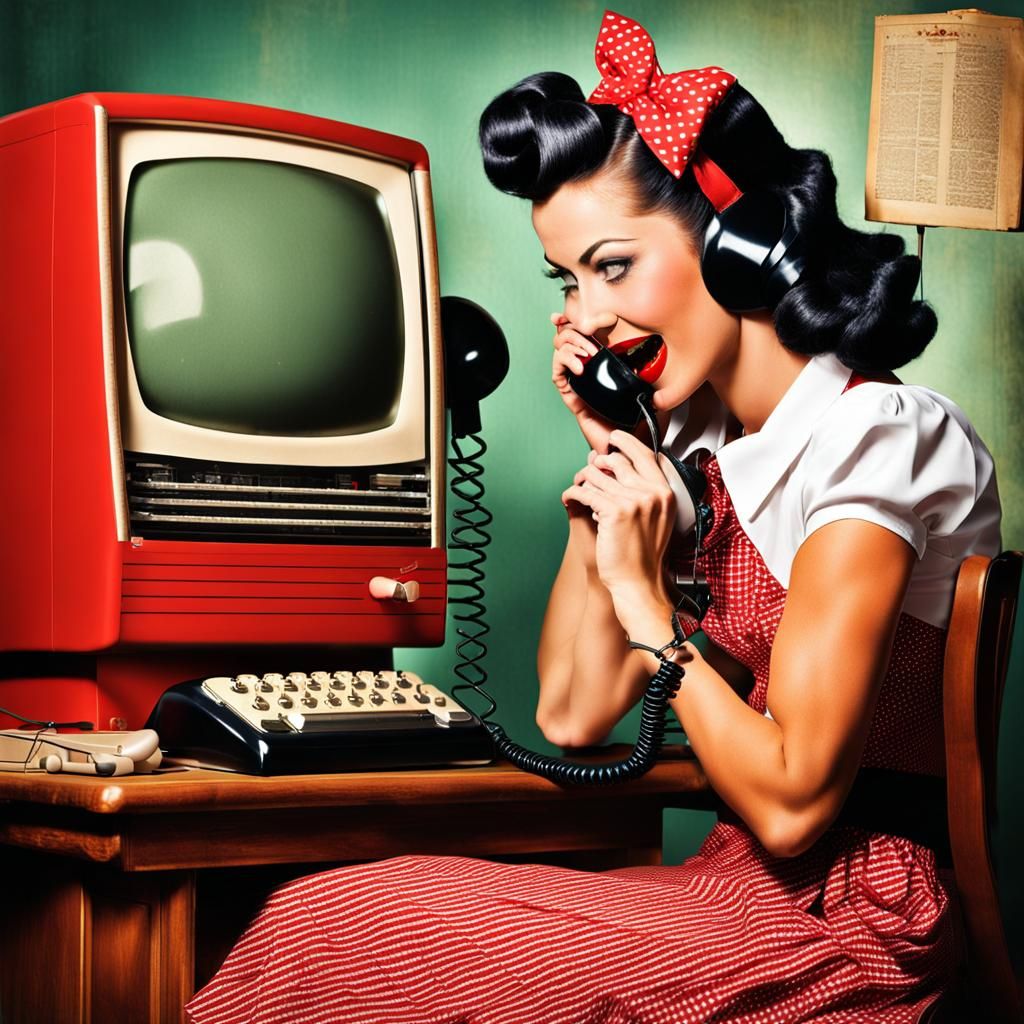 a pin-up girl in front of an old computer talking on the phone using a ...