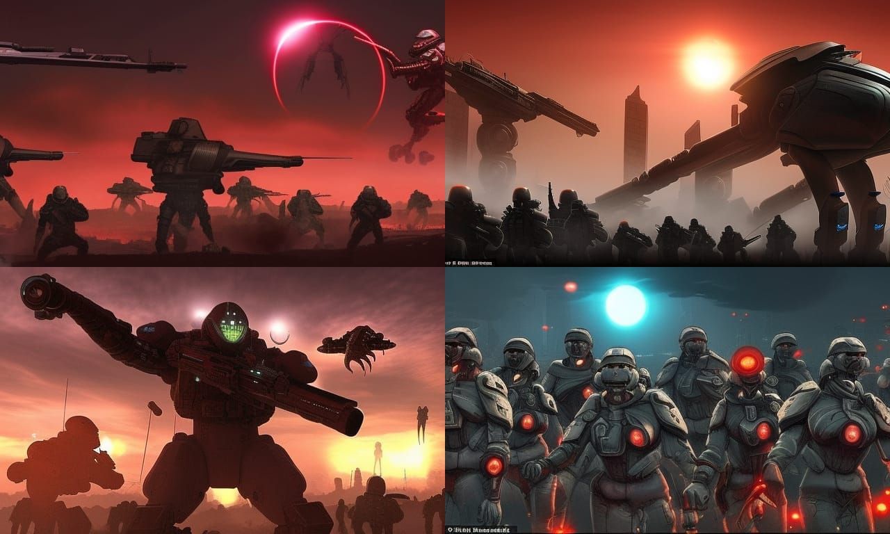 Defending a future city, a massive army of futuristic armored human ...