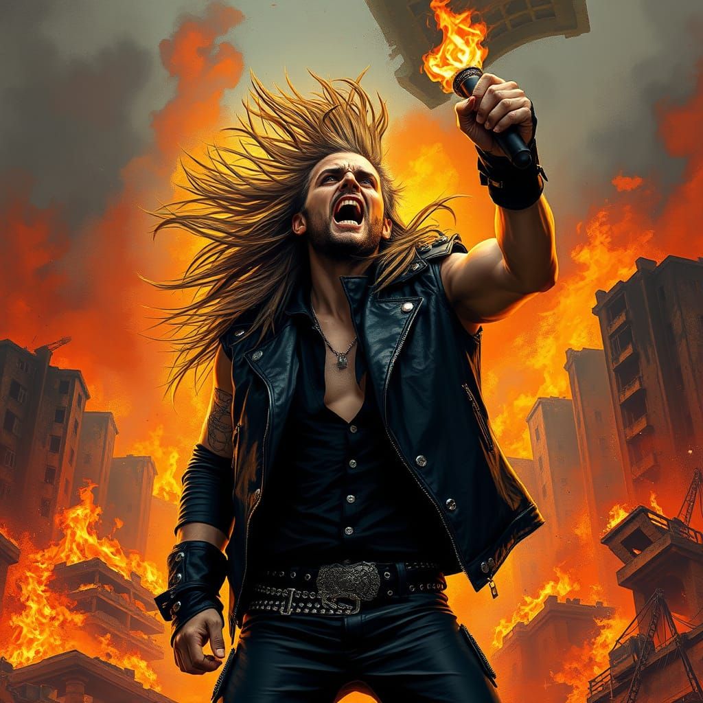 Heavy Metal Rocker Stands Tall Amidst Inferno Ruin... - AI Art