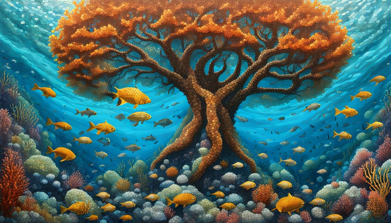 underwater Mosaic scene, majestic giant tree, deep sea, vibrant marine life, sense of scale ...