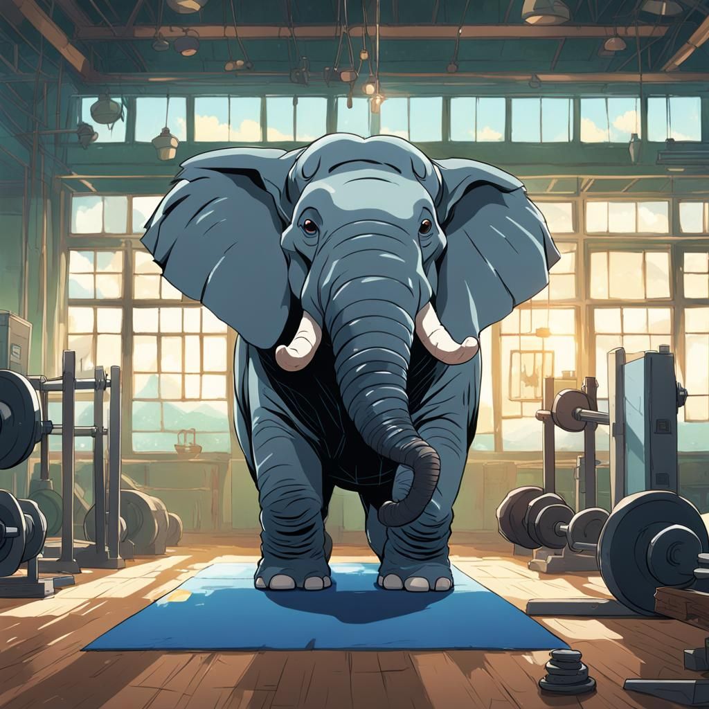 A pot-bellied, sweaty elephant lifts dumbbells in a gym - AI Generated ...