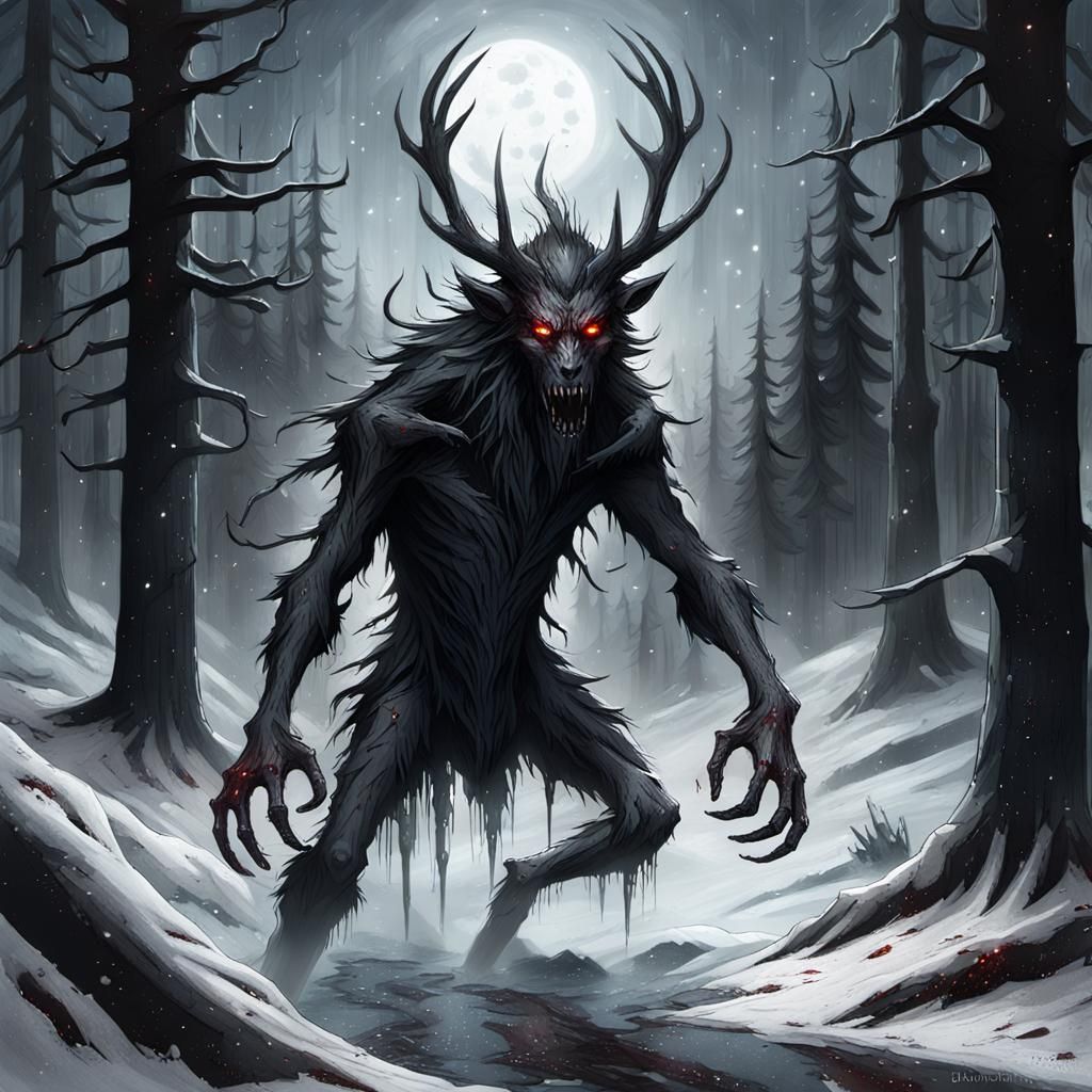 A wendigo attacks and devastates an Algonquin village on a dark winter ...