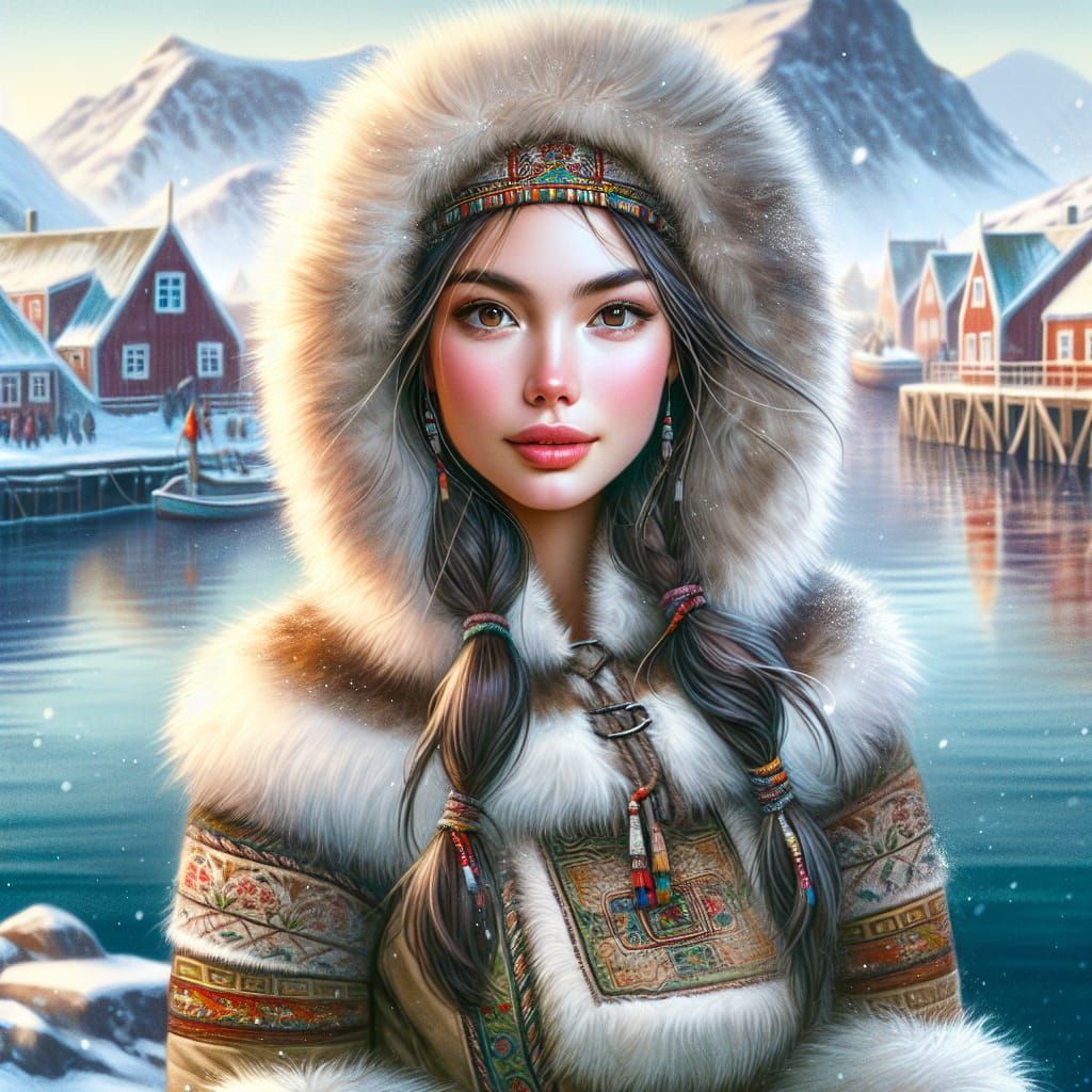 a young beautiful Greenlandic woman in eskimo costume