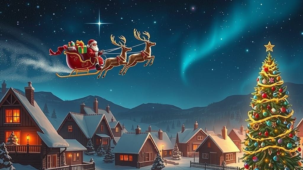 An epic Christmas Eve night scene featuring Santa's sleigh flying ...
