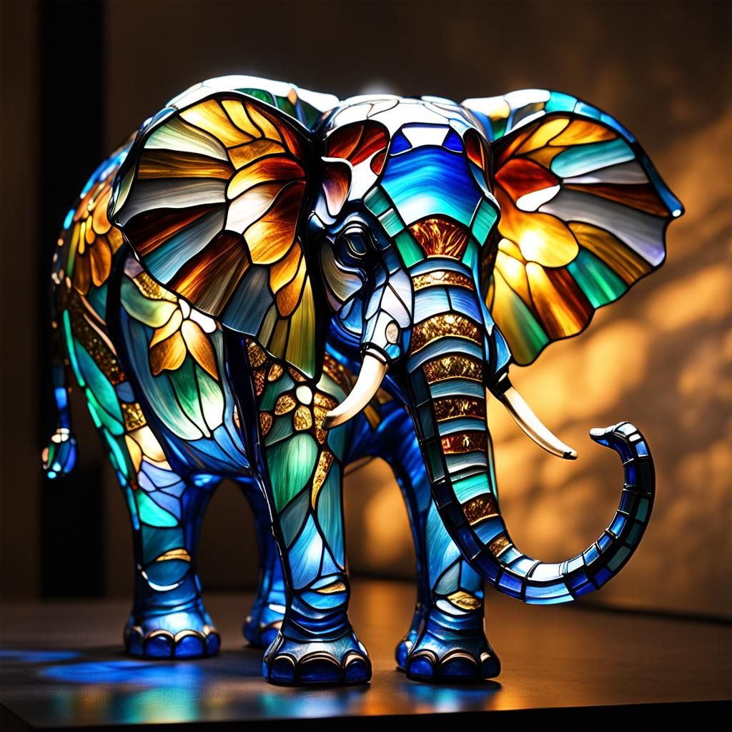A majestic 3D stained glass (Elephant:1.4) glass sculpture, perfect ...