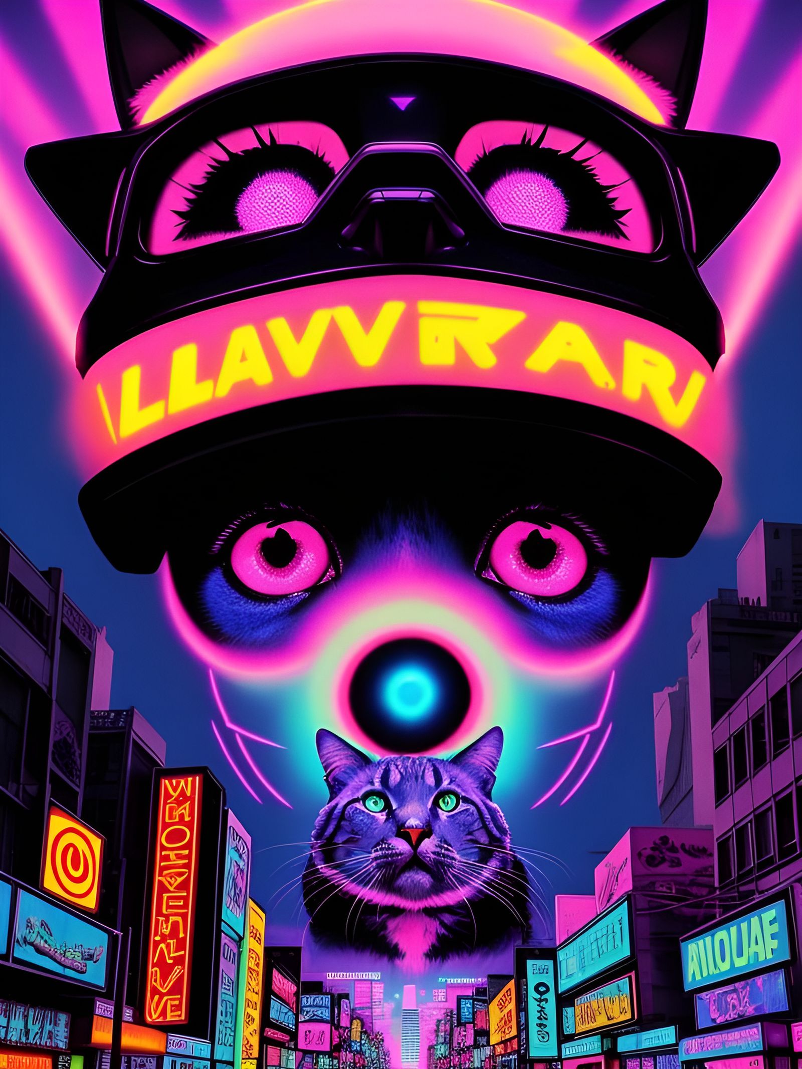 Psychedelic vaporwave art movie poster giant cat skull in the sky ...