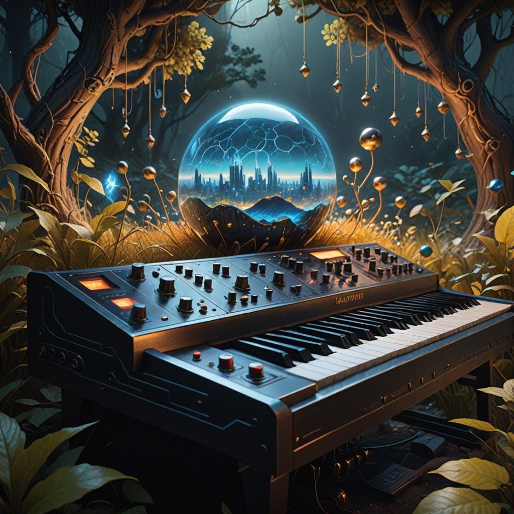 Moog synthesizer blended with a shining musical symphony score.