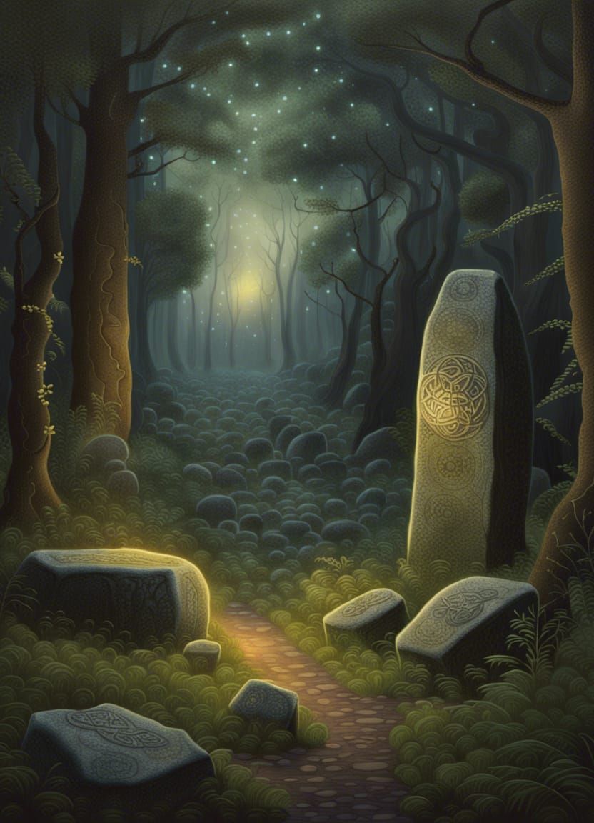 A clearing in a forest at dusk with fireflies and ancient stone ...