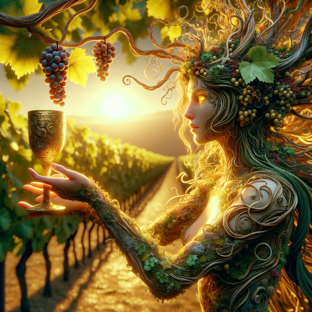 ethereal dryad, her form woven from grape vines and leaves, standing in ...