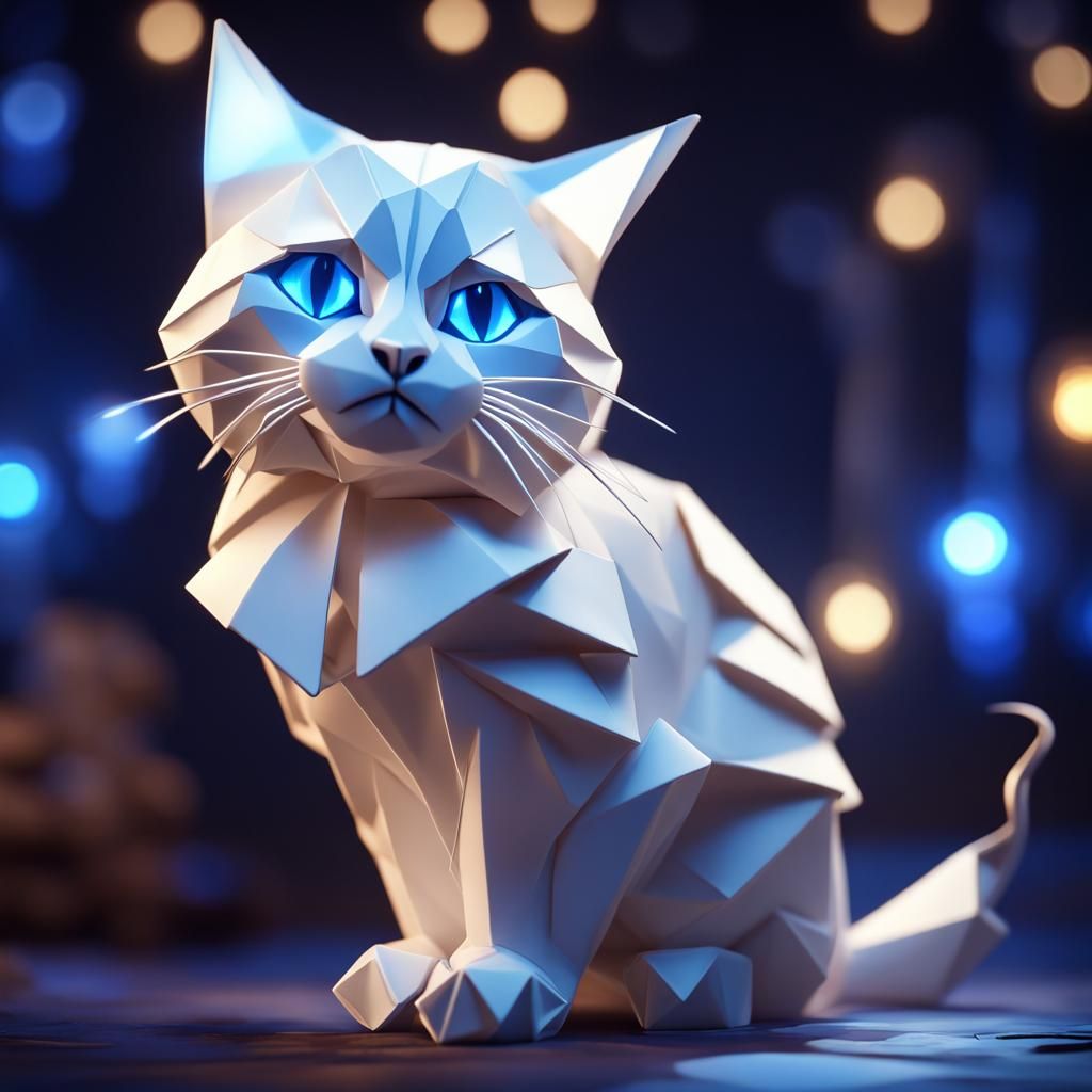 Origami white cat adorable ragdoll-cat with blue lights at night - AI ...
