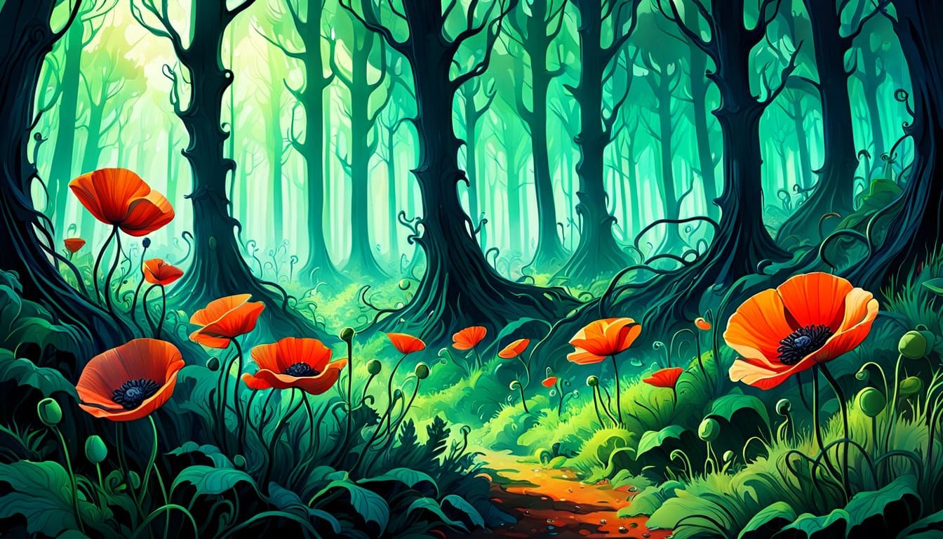 5 word prompt - eldritch dynamic psychedelic poppy forest