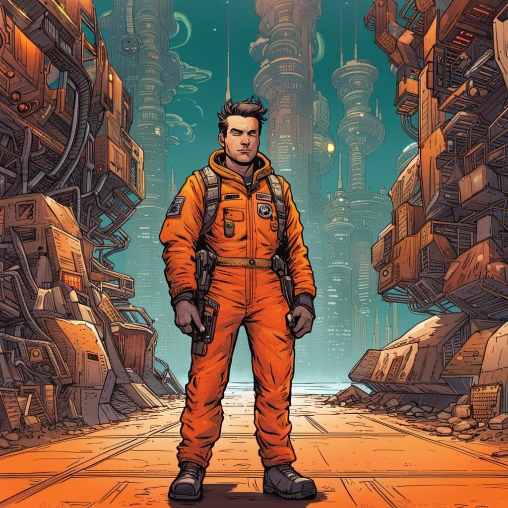 a spaceship pilot in an orange jumpsuit, standing in front of a ...