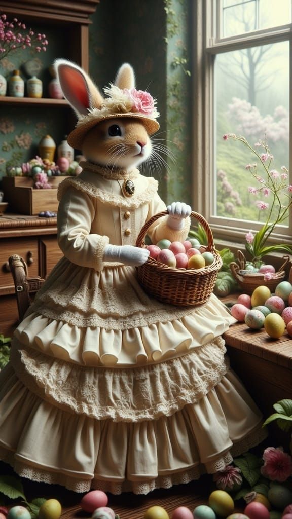 A distinguished lady rabbit adorned in Victorian-era clothing sits ...