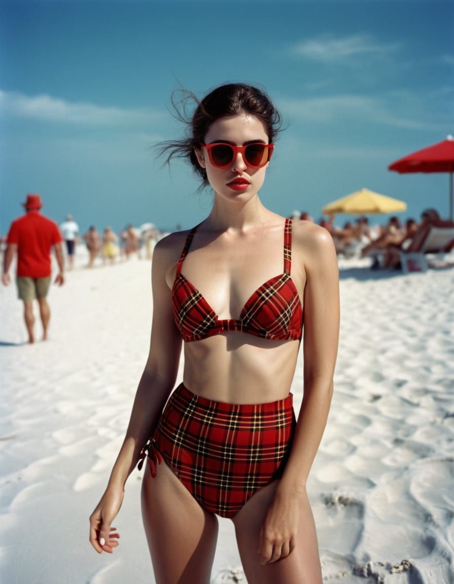 Margaret Qualley in the retro bikini at Clearwater Beach, Florida, 1965