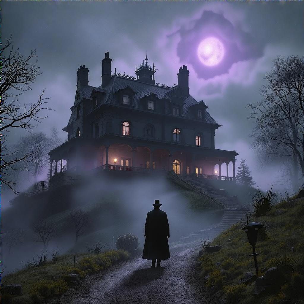 Horror Manor - Mysterious Manor at Night in Cartoon Style