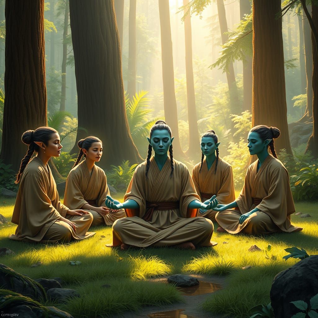 Adult young Jedi are learning meditation in nature with a Twi'lek Jedi ...