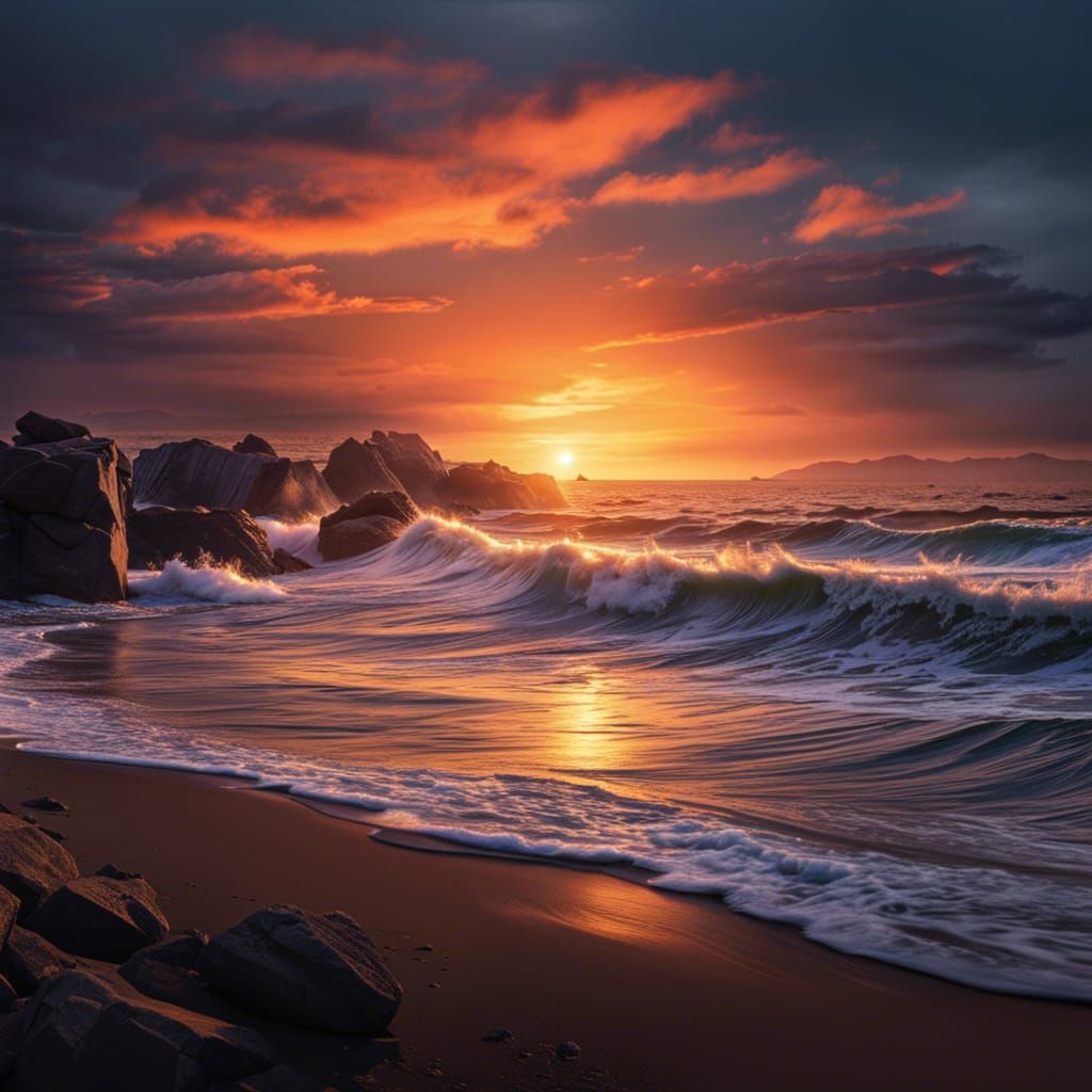 sunset on the beach at the end of the world, bleak, apocalyptic look ...