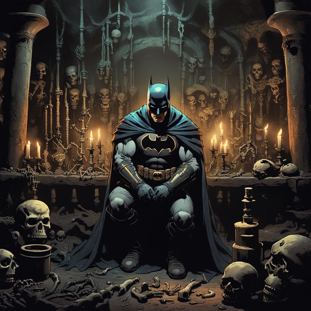 Batman in a Haunting Gothic Crypt Scene - AI Art