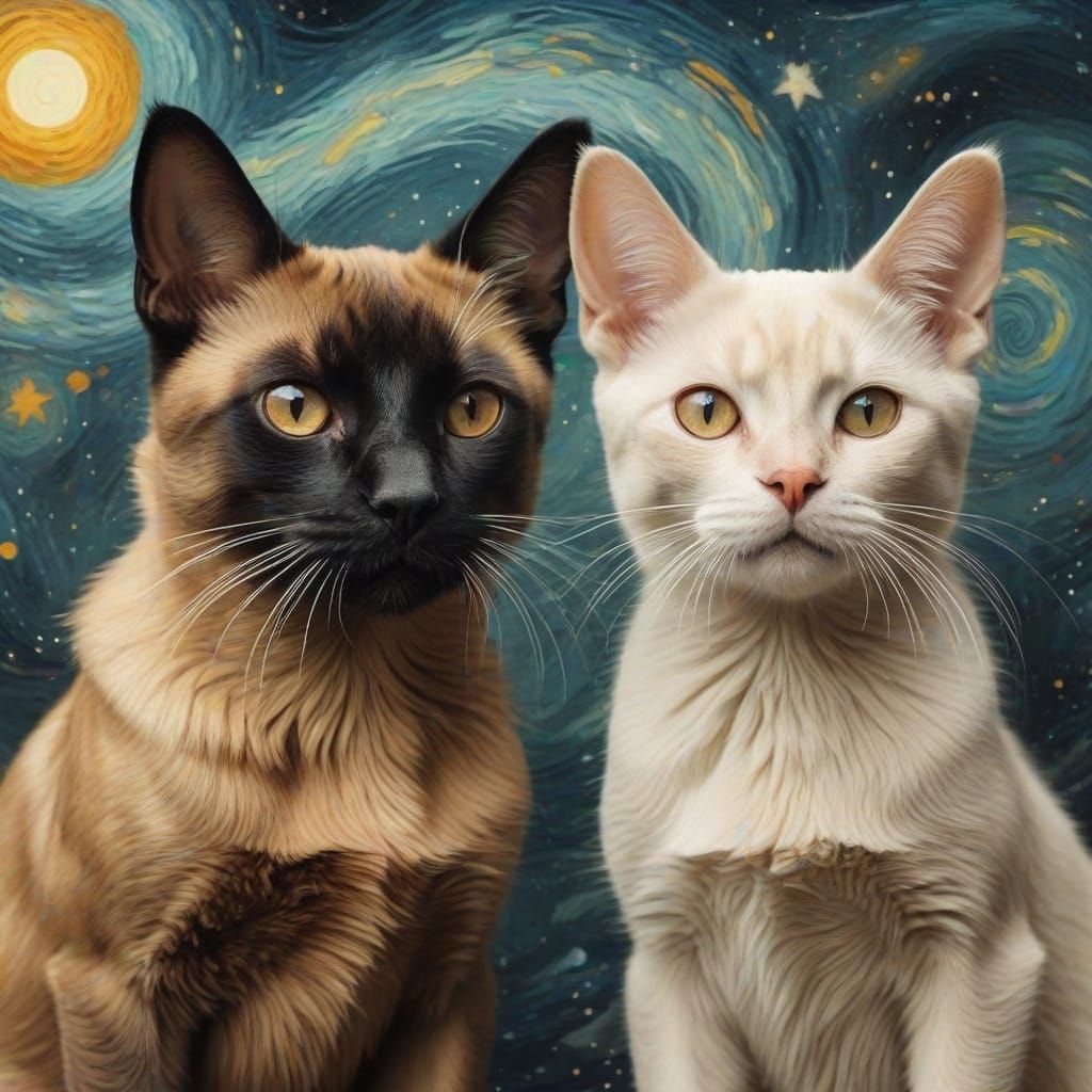 Abstract cat and dog cosmic Van Gogh earthy muted tones and colours