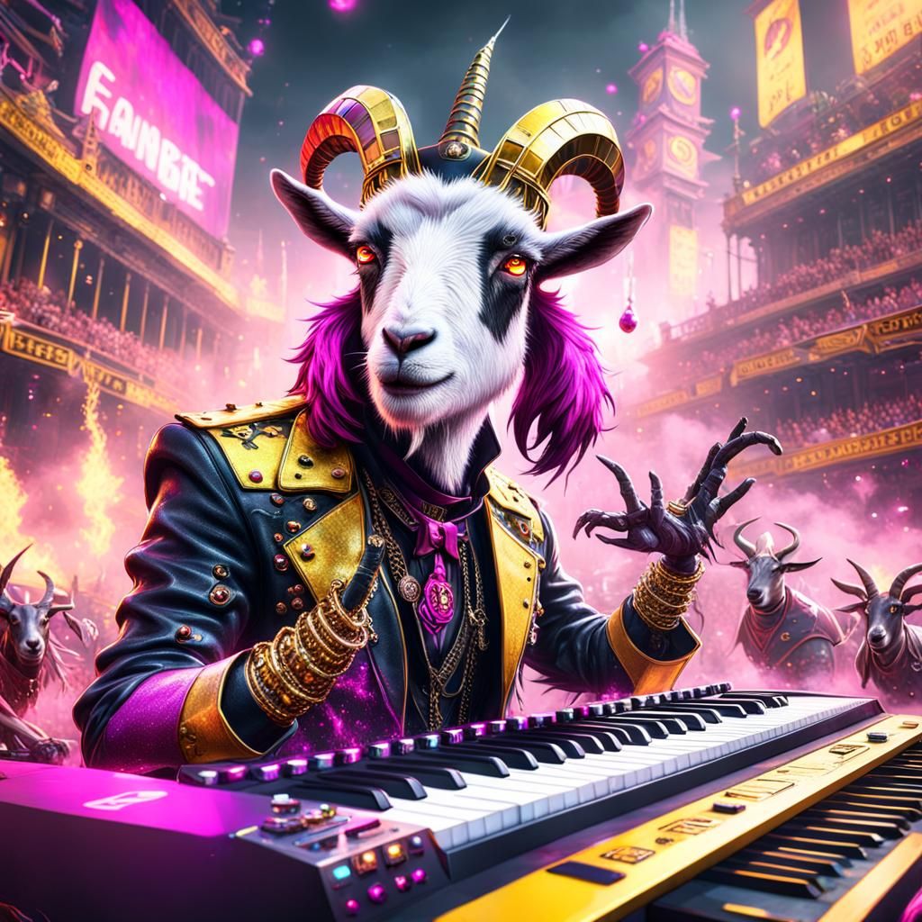 goat punk keyboardist. hat. glittering stage. smoke. magenta. red ...