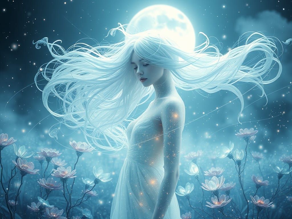 Ethereal Moonlit Maiden in a Dreamy Floral Landscape