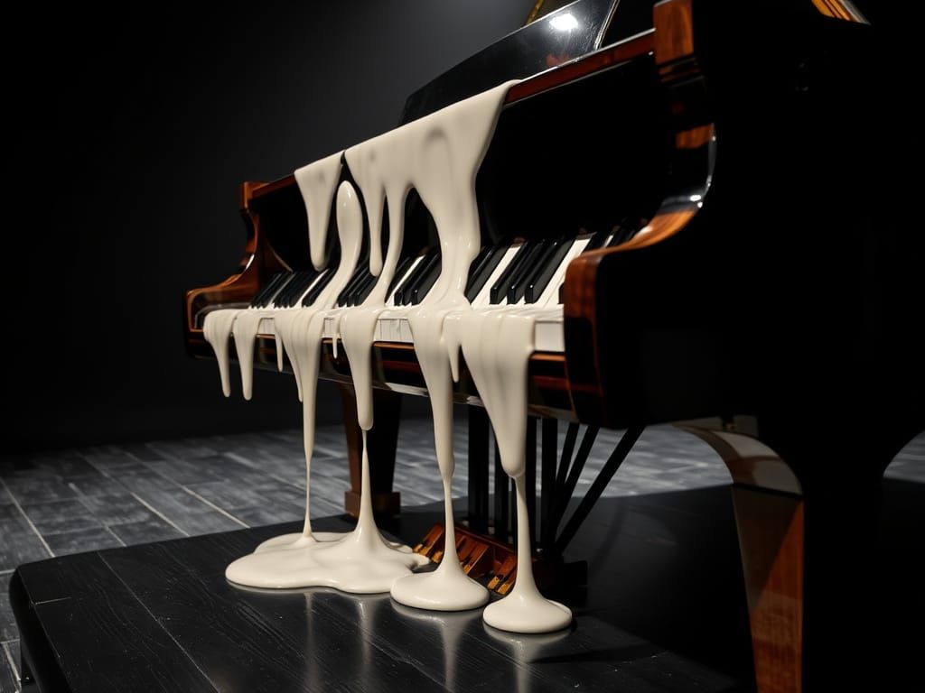 A close-up, dramatic shot of a grand piano on a stage. The black and ...