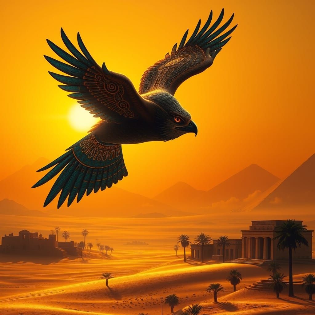 Egyptian Falcon Deity Soars in Golden-Hued Desert ... - AI Art