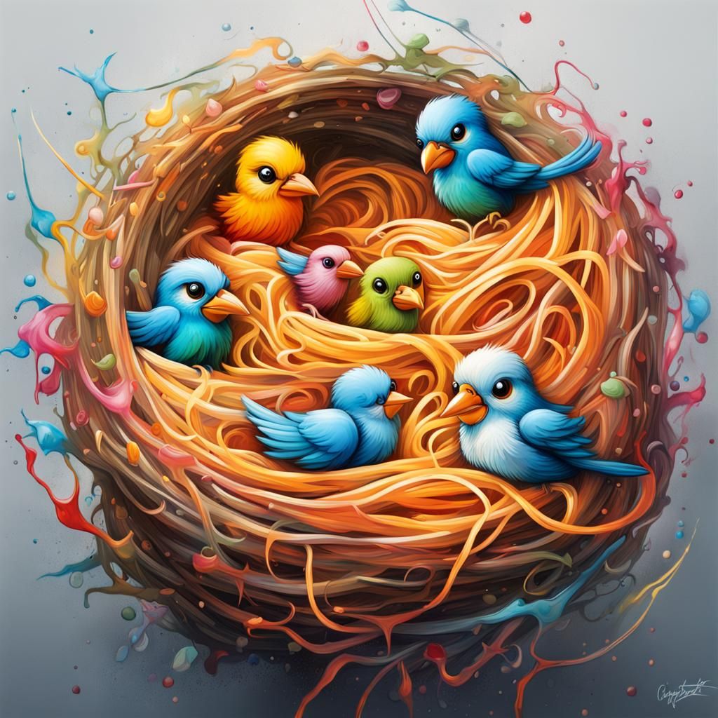 A cozy nest of spaghetti for baby birds, graffiti art, splash art ...