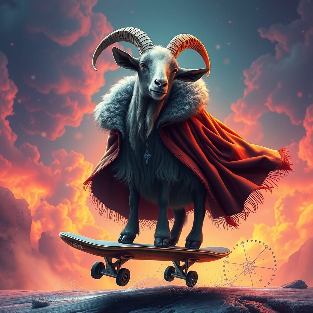 Regal Goat Surfs Dreamlike Skateboard - AI Art