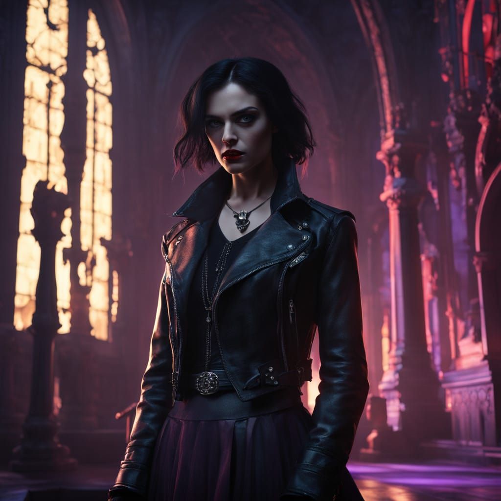 Ethereal Gothic Vampire in Dark Leather Attire - AI Art