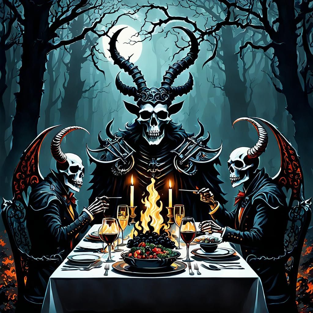 Wingèd horned Demons eating a fancy dinner - AI Generated Artwork ...