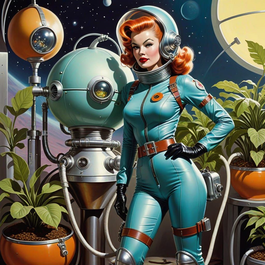 Sci-fi Pulp art - Galactic Pinup in Retro Sci-Fi Catsuit
