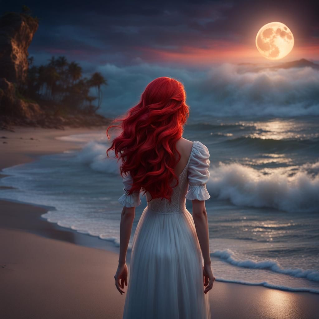 Girl in Red Hair and Ariel-Inspired Style Stands o... - AI Art