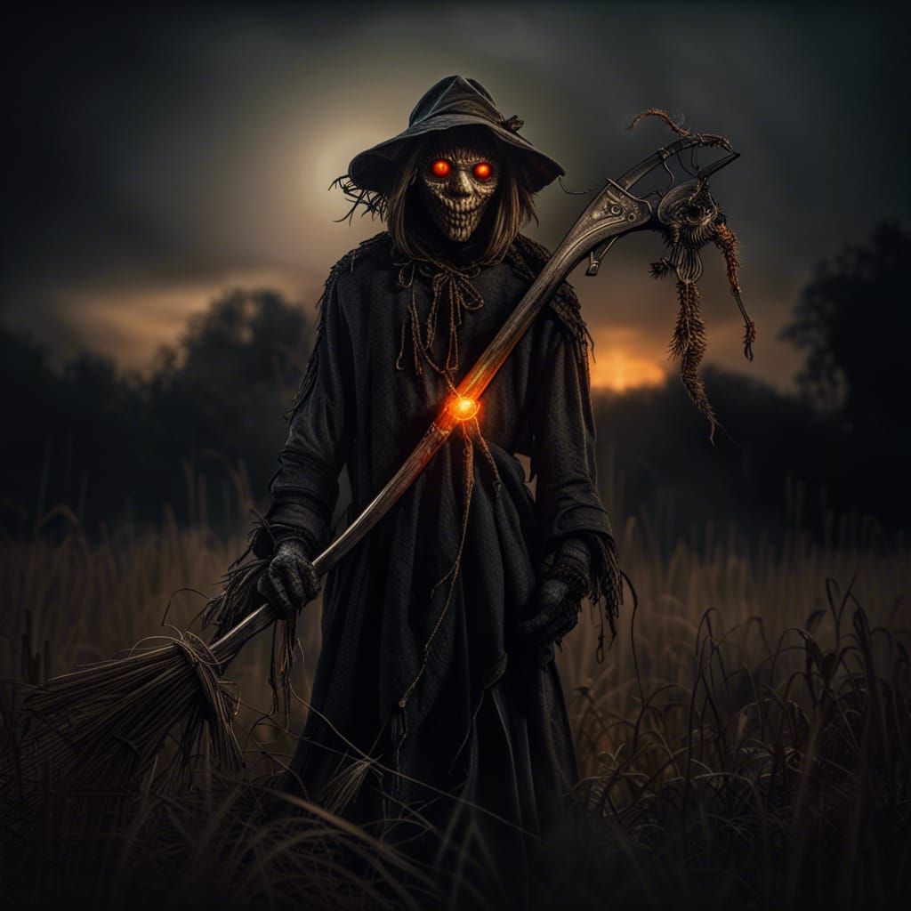 Horror, scarecrow, glowing orange eyes, evil, scythe - AI Generated ...