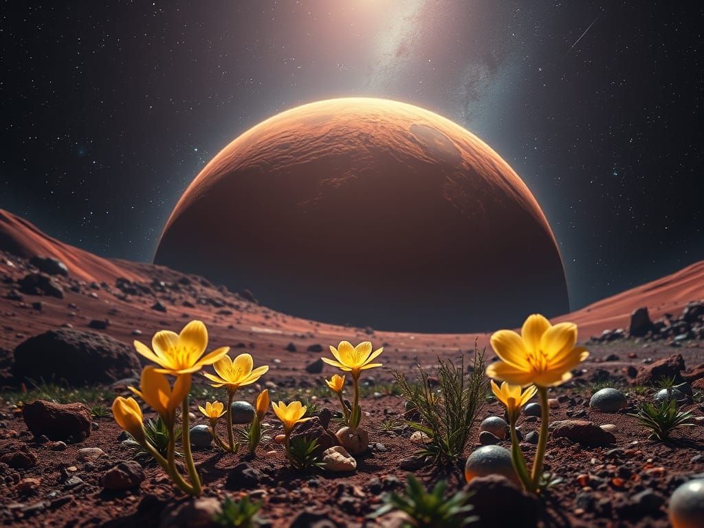 Mars Crybaby Flowers Shine in Moonlit Red Landscap... - AI Art
