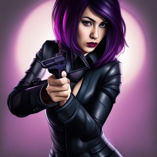 Sly small young woman Secret agent purple and black hair in dark ...