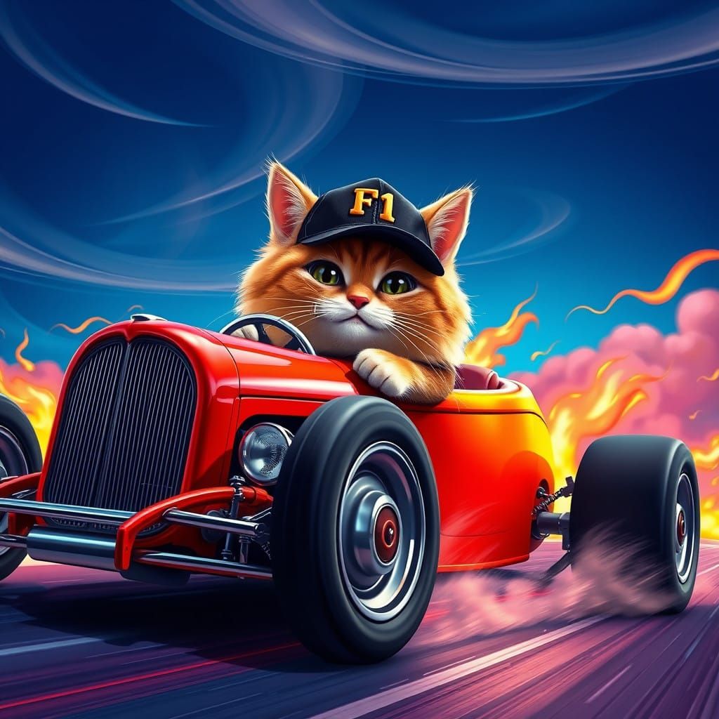 Cat driving 1935 drag racing car - Fast-Paced Feline Speedst...