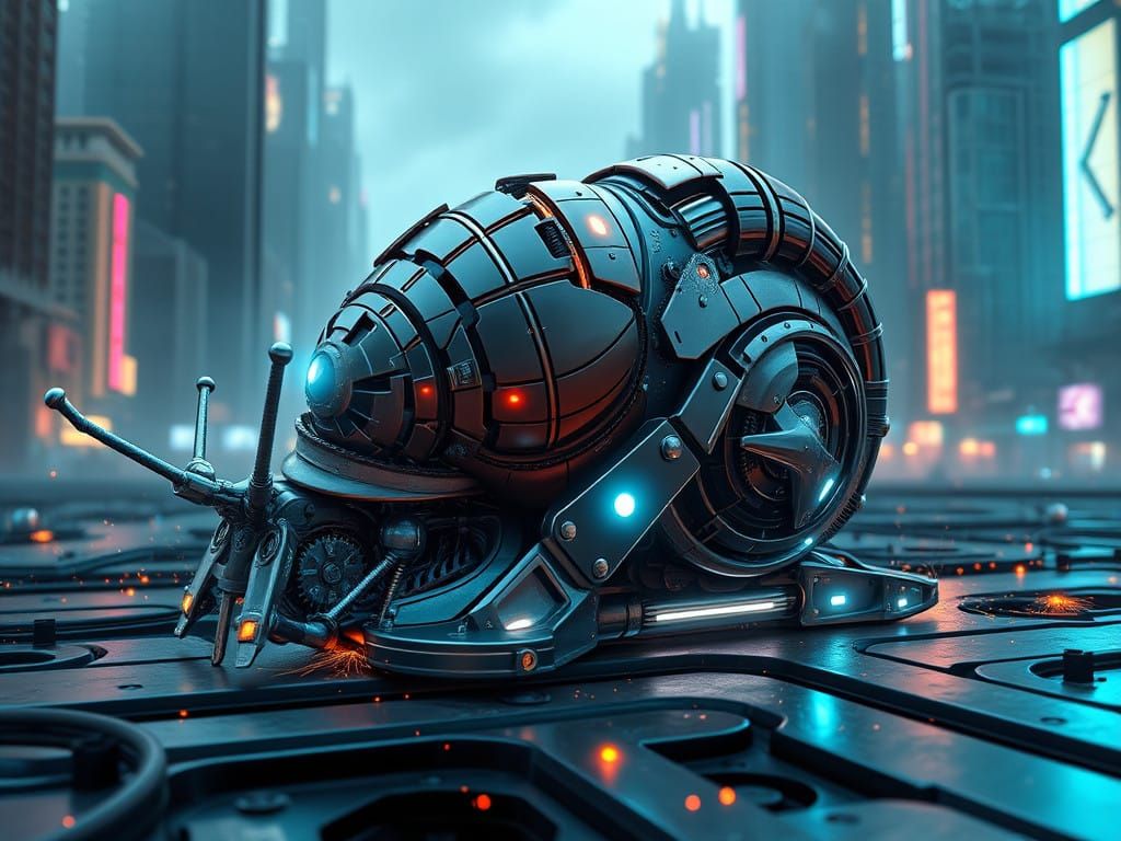 "A futuristic depiction of a snail that looks like a Transformer. The ...