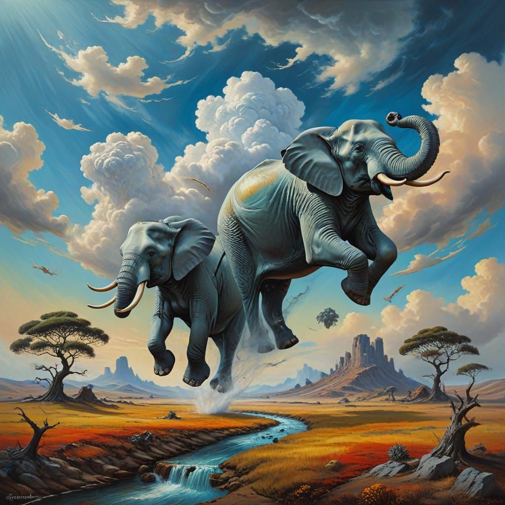 Surrealism. Realistic oil painting. Realistic oil painting. A herd of ...