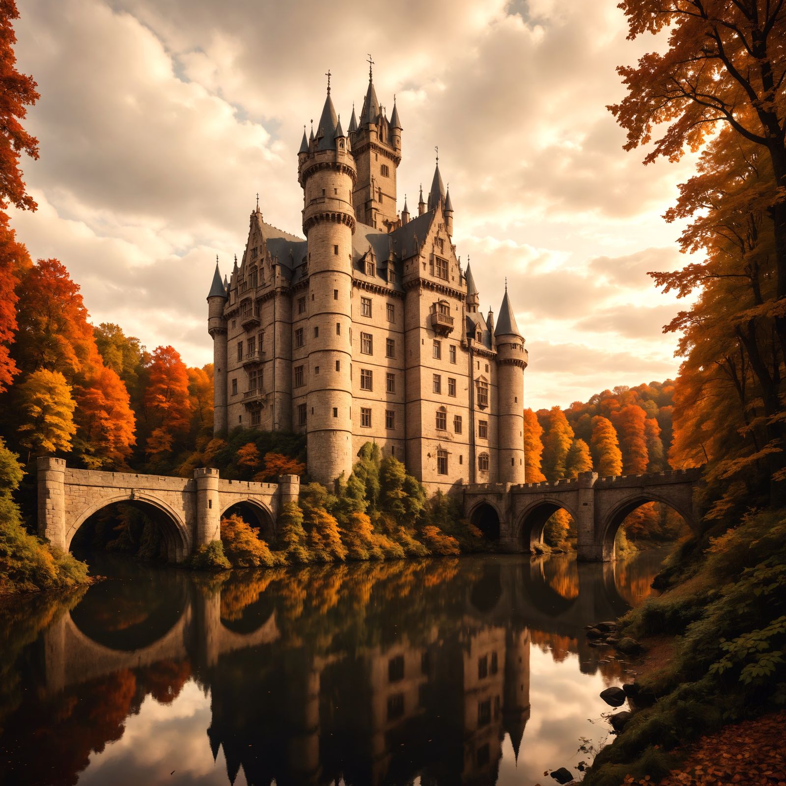 Gothic Castle in Autumn Splendor - AI Art