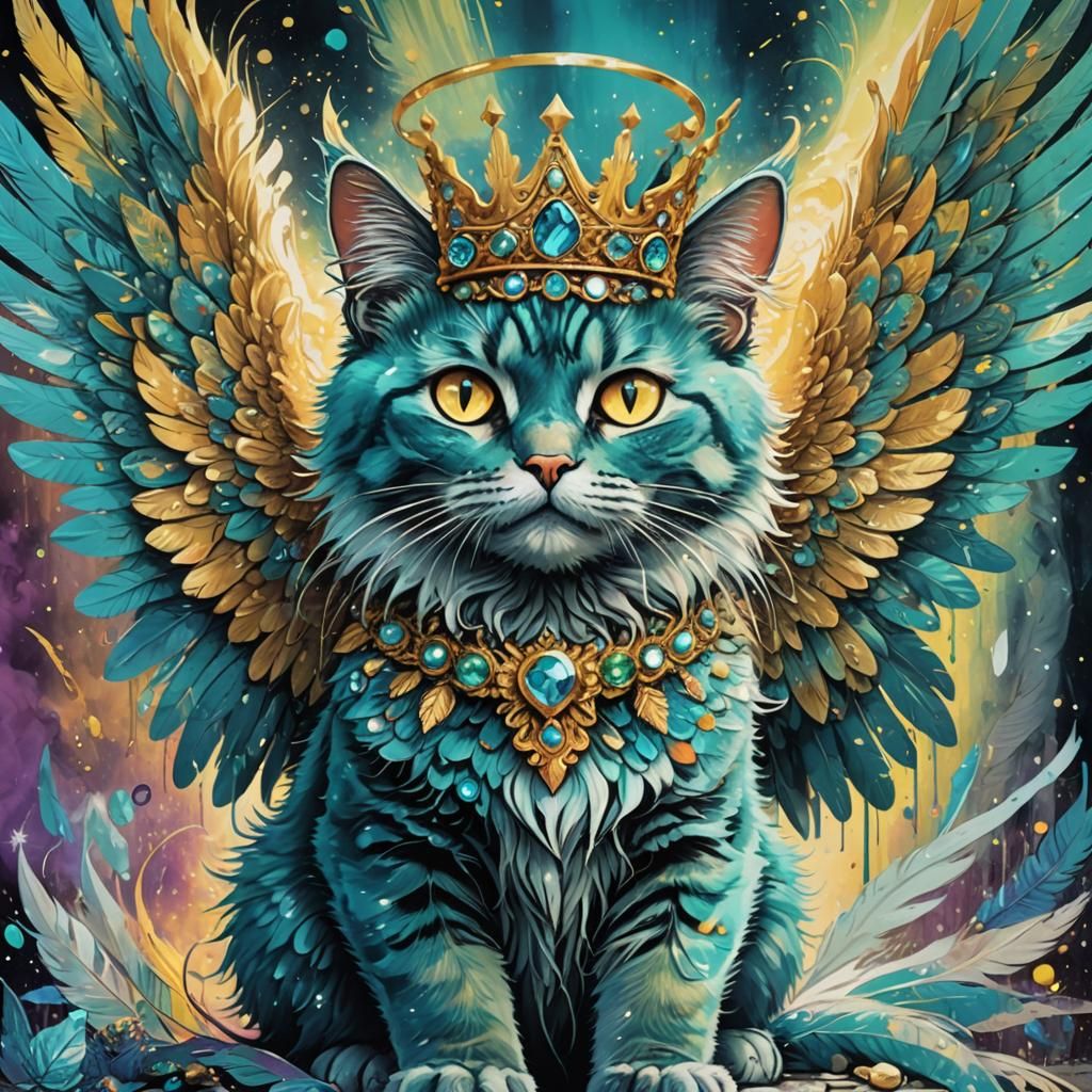 (overdetailed anime art of a mystical fluffy teal cat with angel wings ...