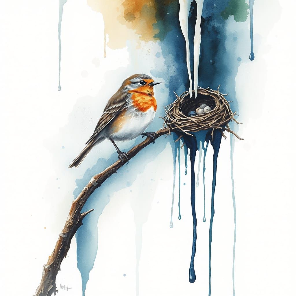 Dripping Art: Robin - Ephemeral Robin in Dripping Watercolo...